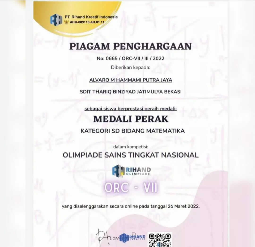 Juara 2 Olimpiade Matematika Tingkat Nasional, Siswa SDIT TBZ Jatimulya Raih Medali Perak ...