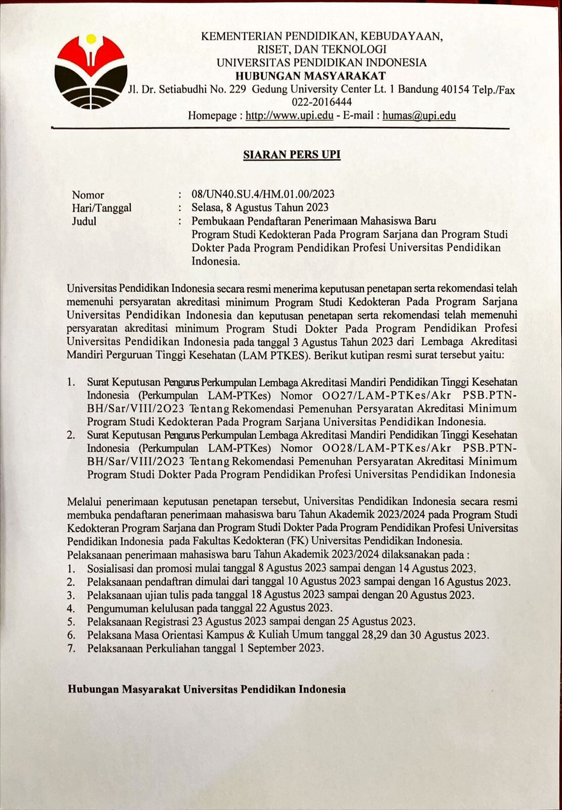 News Update : Universitas Pendidikan Indonesia (UPI) Mulai Buka ...